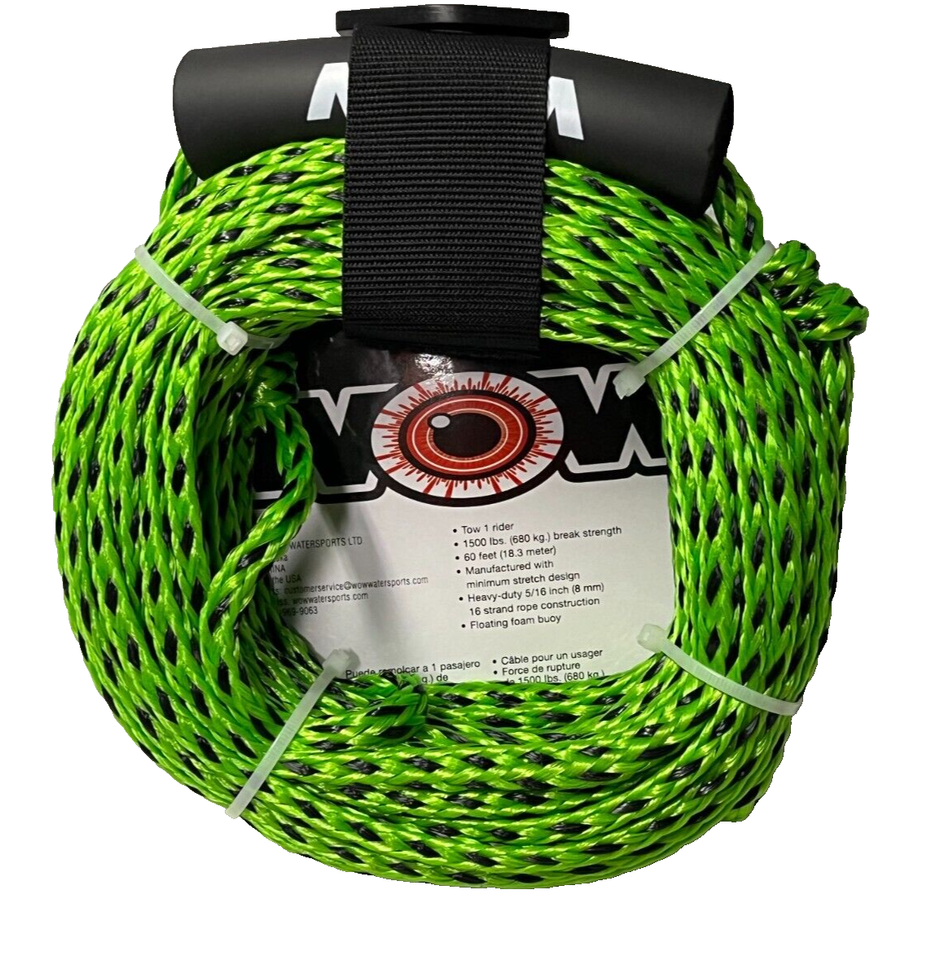 WOW Watersports 1K 60' Tow Rope Green Boat Tubing Rope Heavy Duty ...