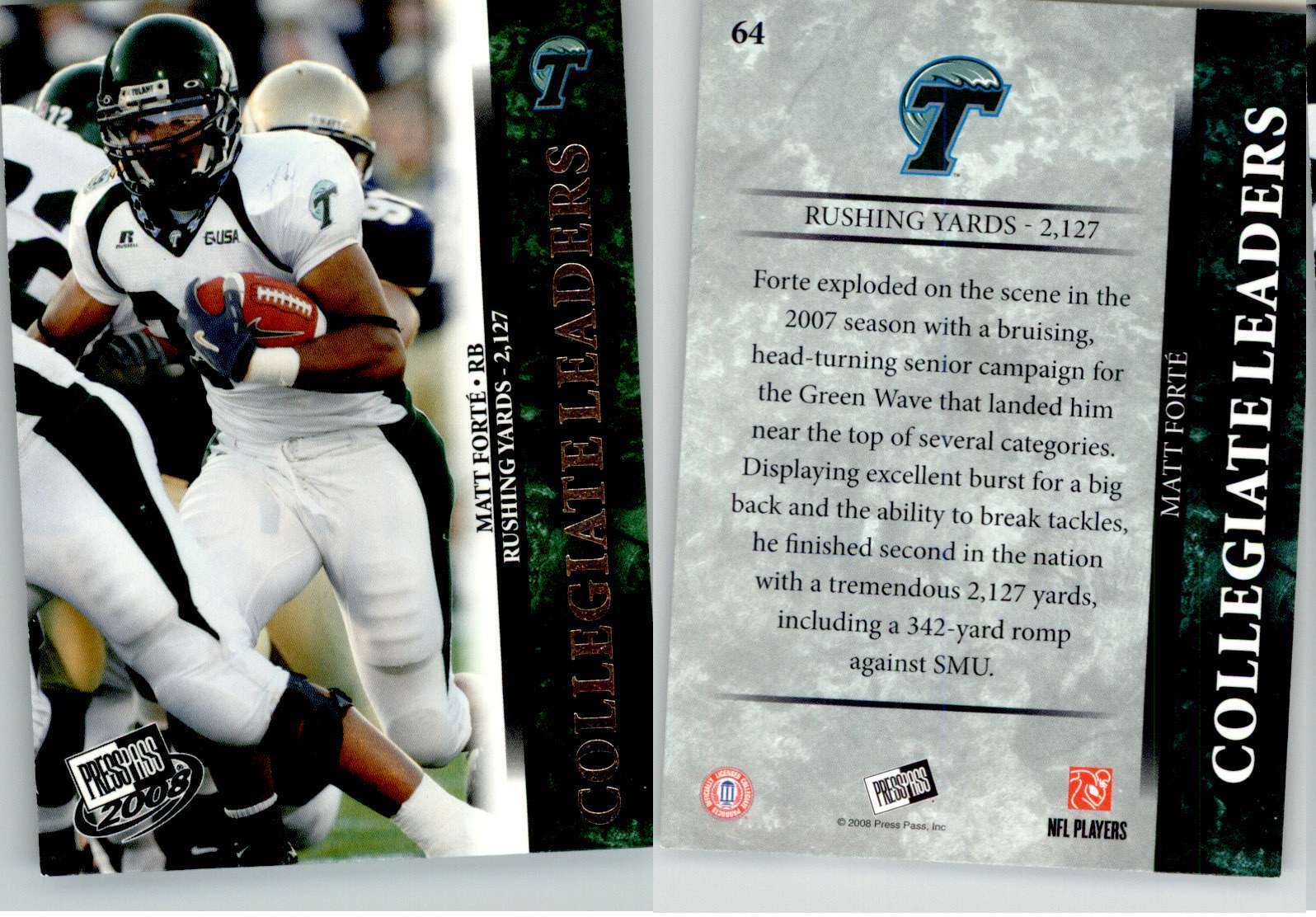 Matt Forte 2008 Press Pass Collegiate Leaders #64 Tulane Bears RC ...