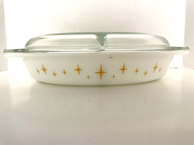Vtg Pyrex MCM Gold Space Age Starburst 1-1/2 Quart Divided Casserole ...