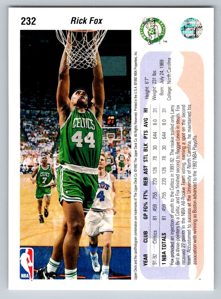 #232 Rick Fox Boston Celtics sports Upper Deck 1992 | eBay