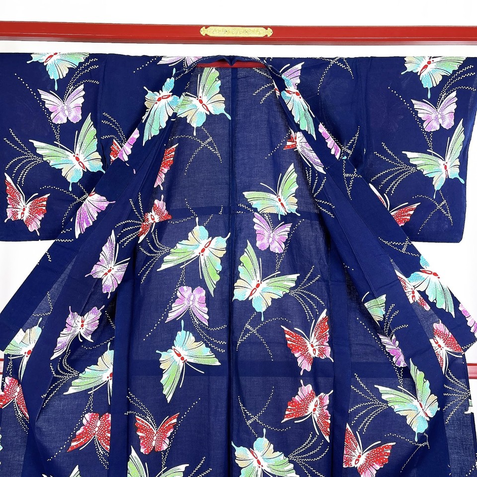 Japanese Kimono 'YUKATA' Cotton/Blue/Butterfly/Indigo Dyed/Summer ...