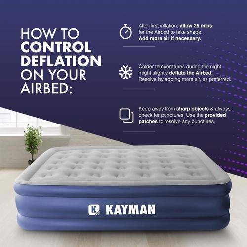 KAYMAN Double Airbed w/ Built in Pump - 3-Mins Rapid Inflation w/ Air ...