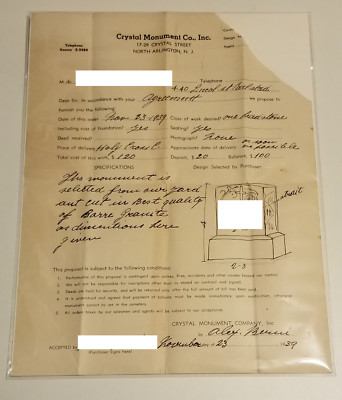 Vintage 1939 Holy Cross Cemetery Headstone Receipt New Jersey ...