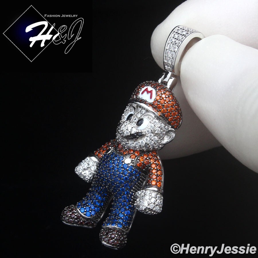 925 STERLING SILVER ICY CZ GOLD PLATED/SILVER HIPHOP 3D SUPER MARIO ...