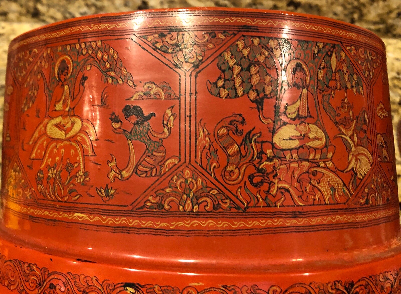RARE SIGNED LARGE RED LACQUER BIRD FOOTED 4 PIECE LUNCH BOX BUDDHA ...