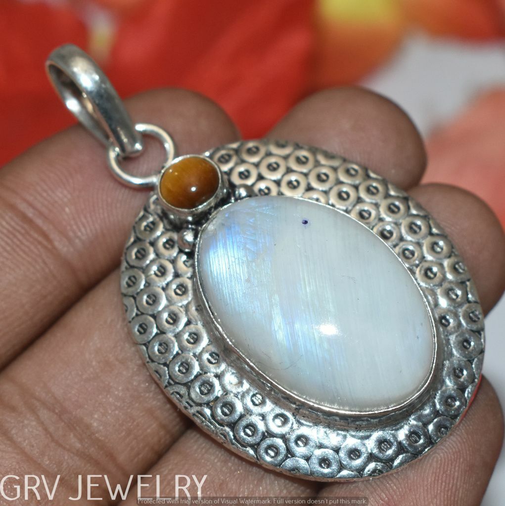 Rainbow Moonstone Tigers Eye Gemstone Pendant 925 Silver Overlay U279 ...