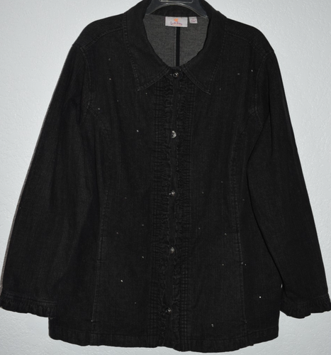 Quacker Factory 1X Black Denim Stretch Jacket Sequin Ruffle Rhinestone ...