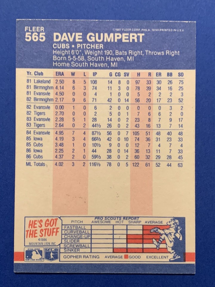 DAVE GUMPERT Signed 1987 Fleer #565 CHICAGO CUBS - DETROIT TIGERS ...
