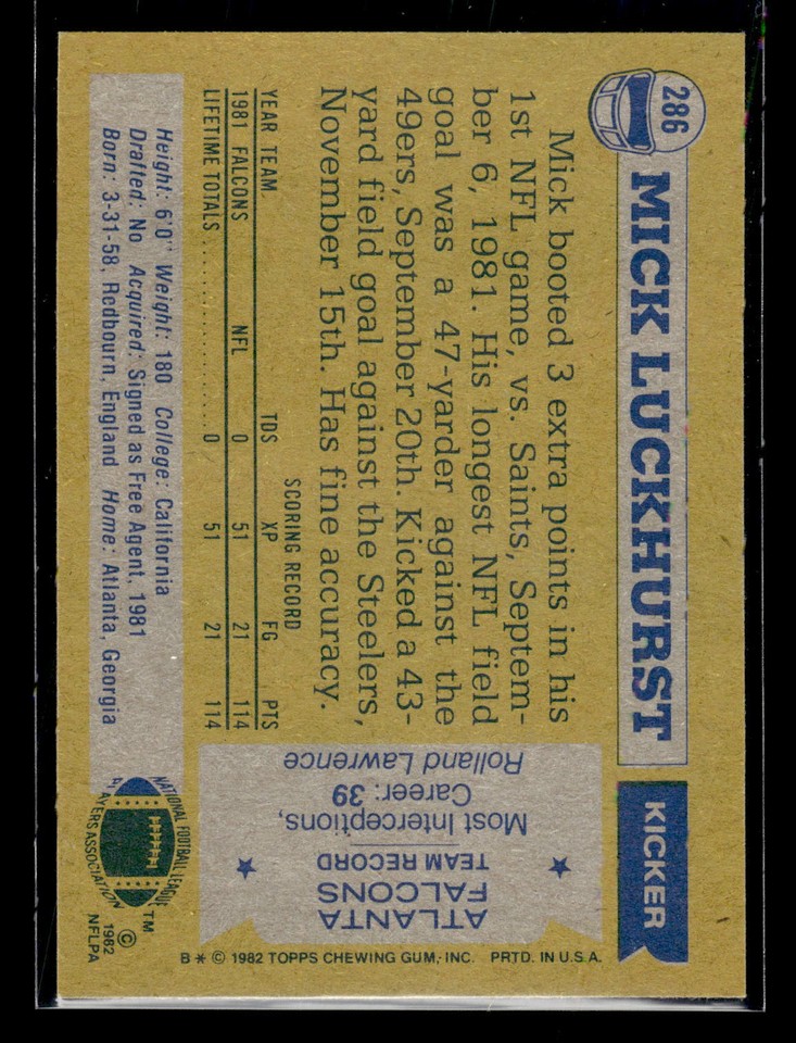 1982 Topps #286 Mick Luckhurst Rookie "Set Break" Mint Atlanta Falcons ...