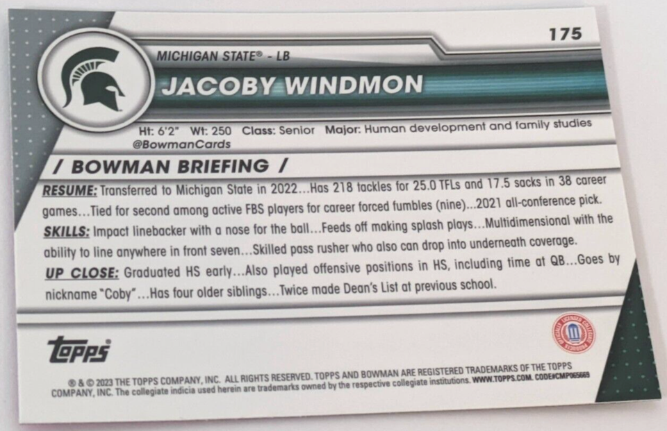 Jacoby Windmon 2023 Bowman Chrome University #175 1st Pink Refractor | eBay