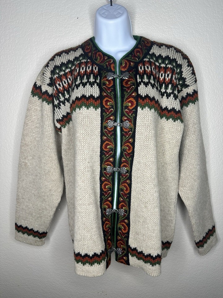 Nesjar 100% Wool Nordic Knit Fair Isle Cardigan Sweater Size S vintage ...