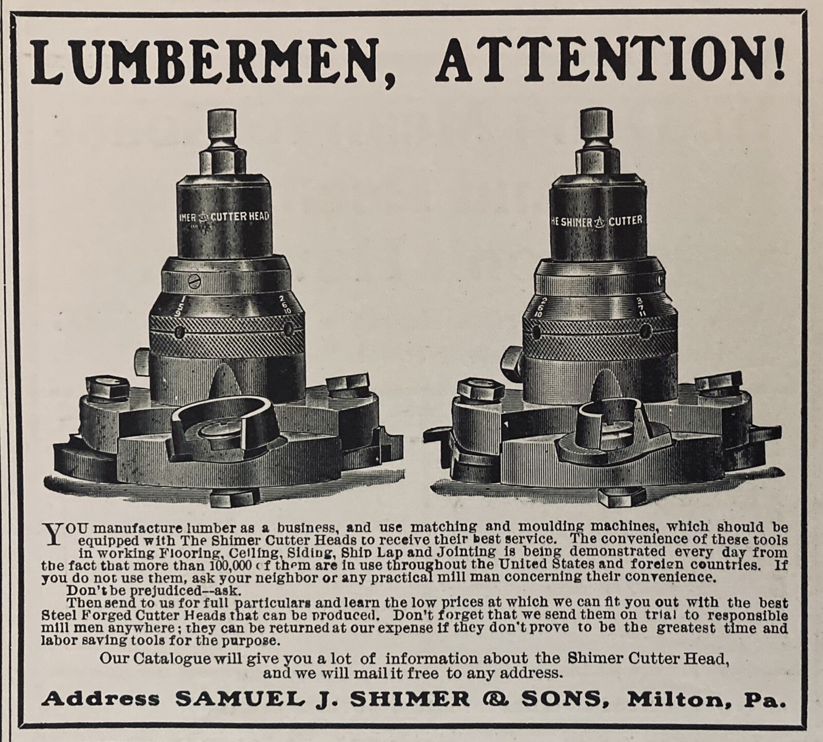 1905 AD(N2)~SAMUEL J. SHIMER CO. MILTON, PA. MOULDING MACHINE CUTTER ...