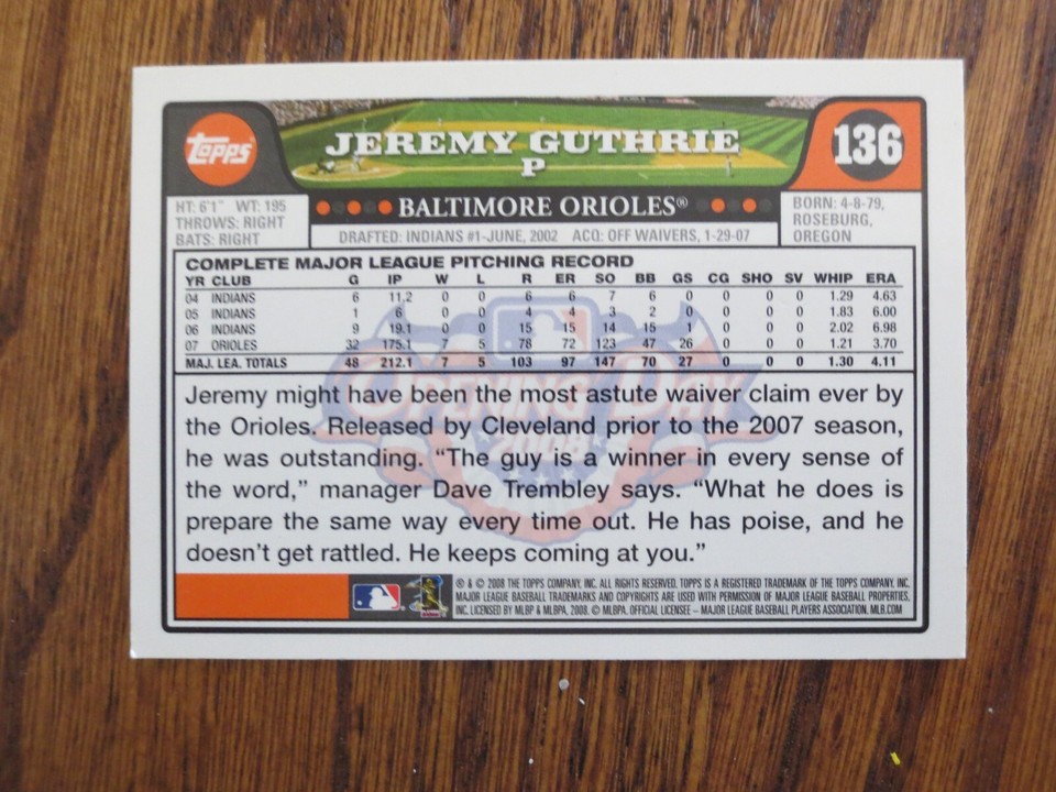 2008 Topps Opening Day - #136 Jeremy Guthrie Orioles Baseball Card | eBay