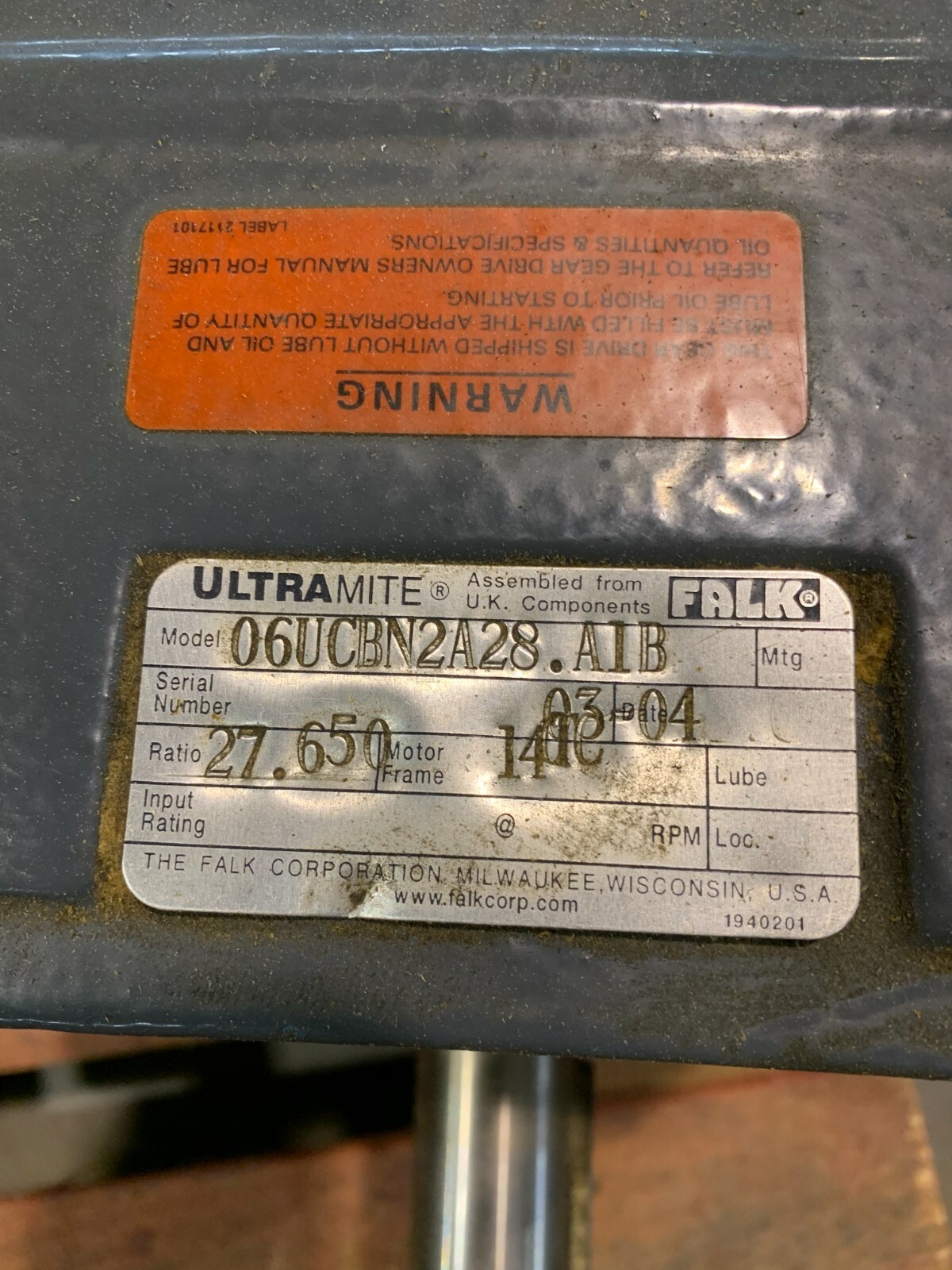USED FALK ULTRAMITE 27.650:1 RATIO GEAR REDUCER 06UCBN2A28.A1B SPEED ...