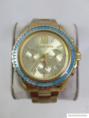 NEW Michael Kors Everest Blue Crystal Gold Chronograph Watch MK7210 NWT ...