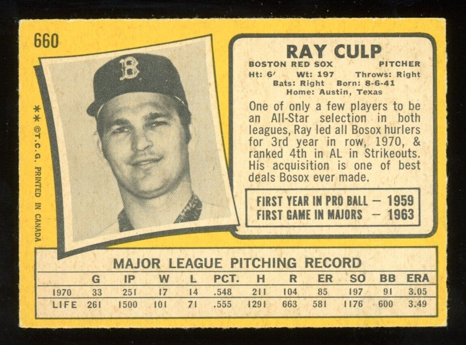 1971 TOPPS OPC O PEE CHEE MLB BASEBALL #660 RAY CULP EX-NM BOSTON RED ...