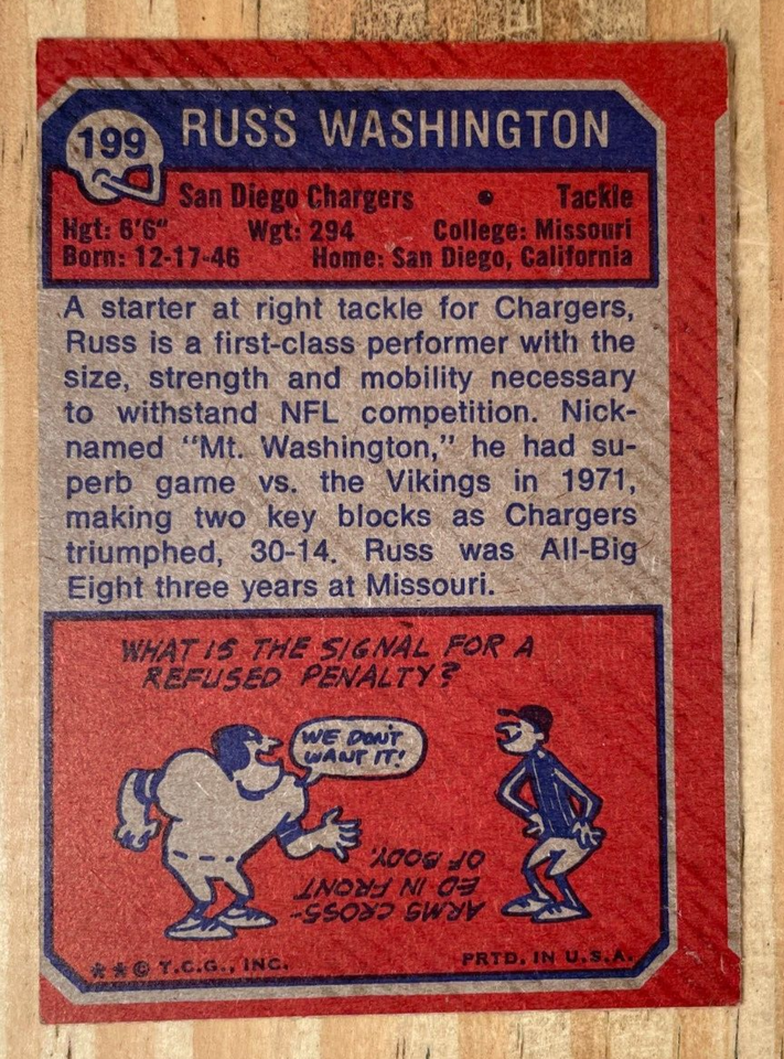1973 TOPPS RUSS WASHINGTON CARD#199 SAN DIEGO CHARGERS MISSOURI TIGERS ...
