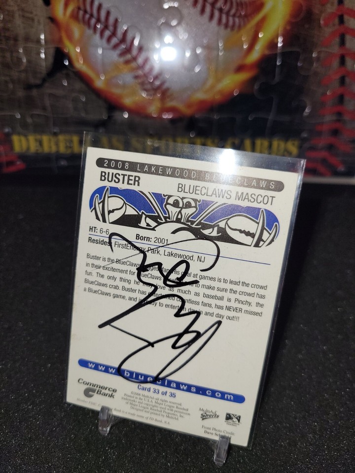 buster autographed card auto jersey shore blueclaws mascot signed 2008 ...