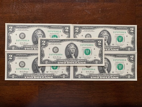 Pack Of (5) NEW Crisp Sequential Two Dollar Bills Gem Unc $2 Notes REAL ...