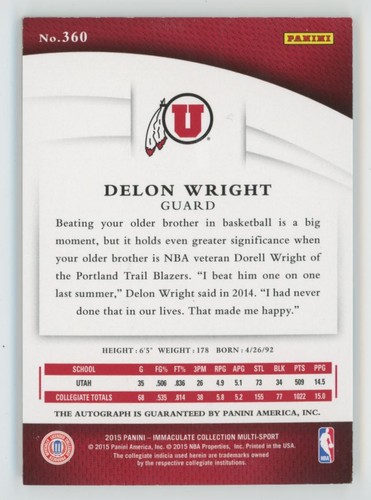 Delon Wright 2015-16 Panini Immaculate Collegiate Numbers RC /99 #360 ...