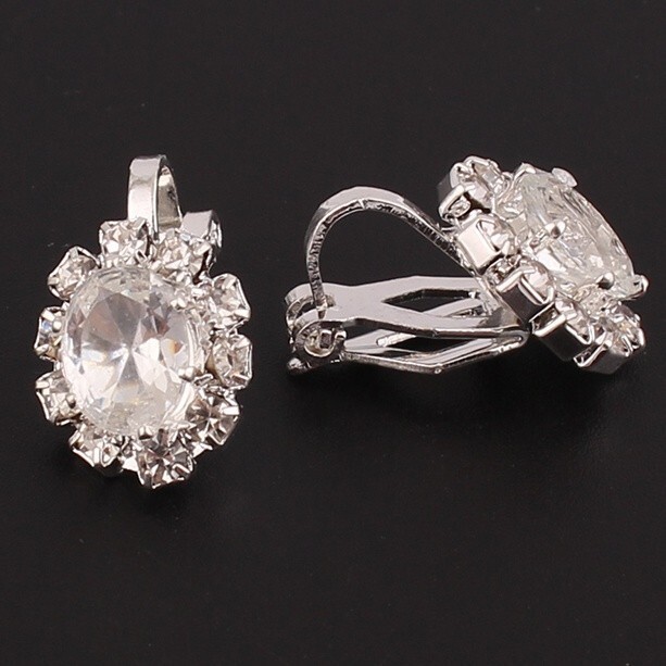 Clip On Earrings Oval Crystal Silver Rhinestone Fake Stud Non Pierced ...