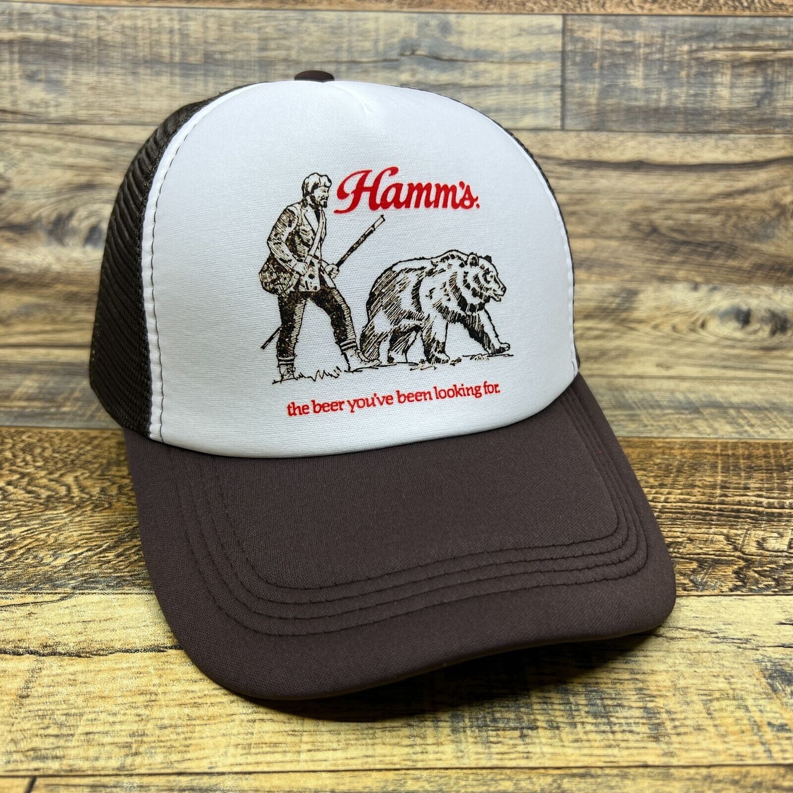 Hamms Beer Mens Trucker Hat Brown Snapback Vintage Logo Hunting Bear ...
