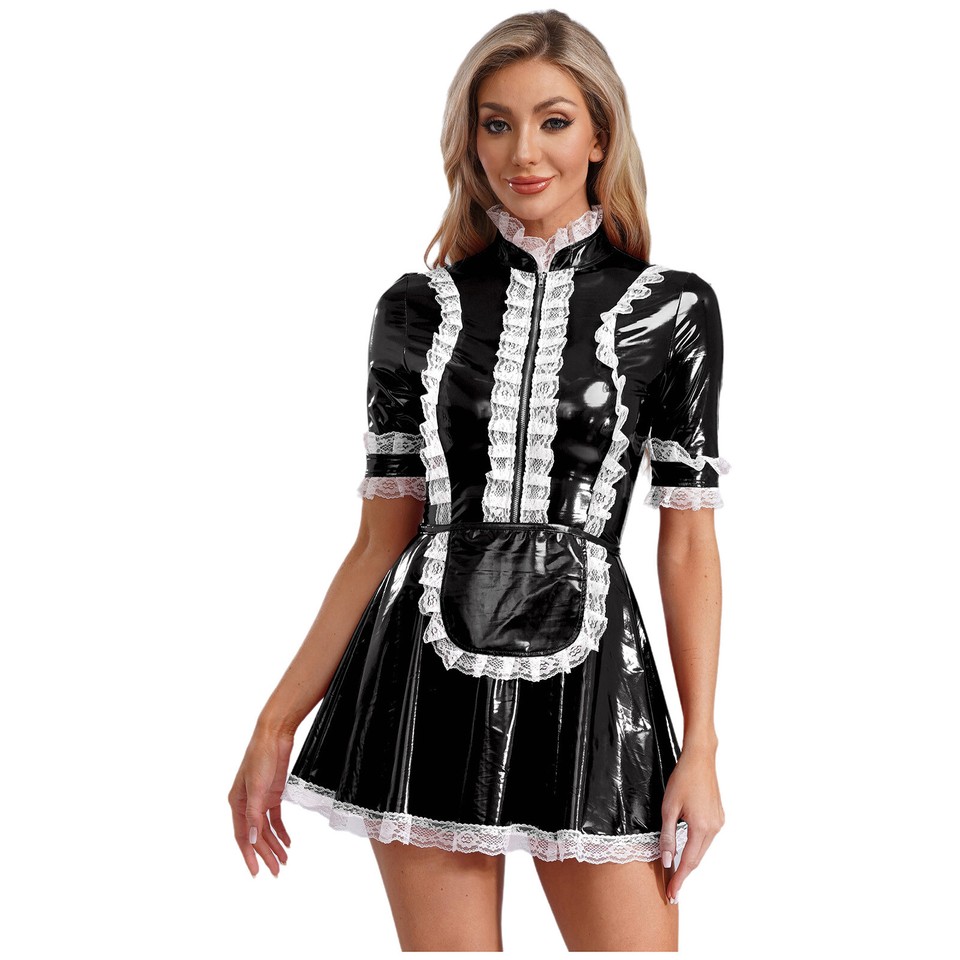 Women's PVC Leather French Maid Mini Bodycon Tutu Dress Cosplay Costume ...