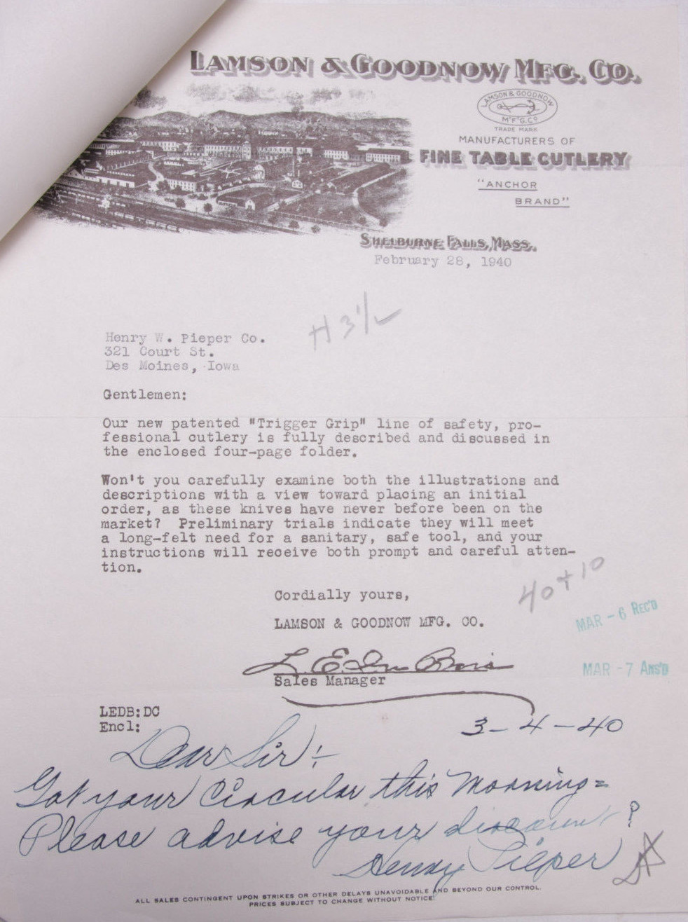 1940 Lamson Goodnow Henry W Pieper Co Des Moines IA Handwritten ...