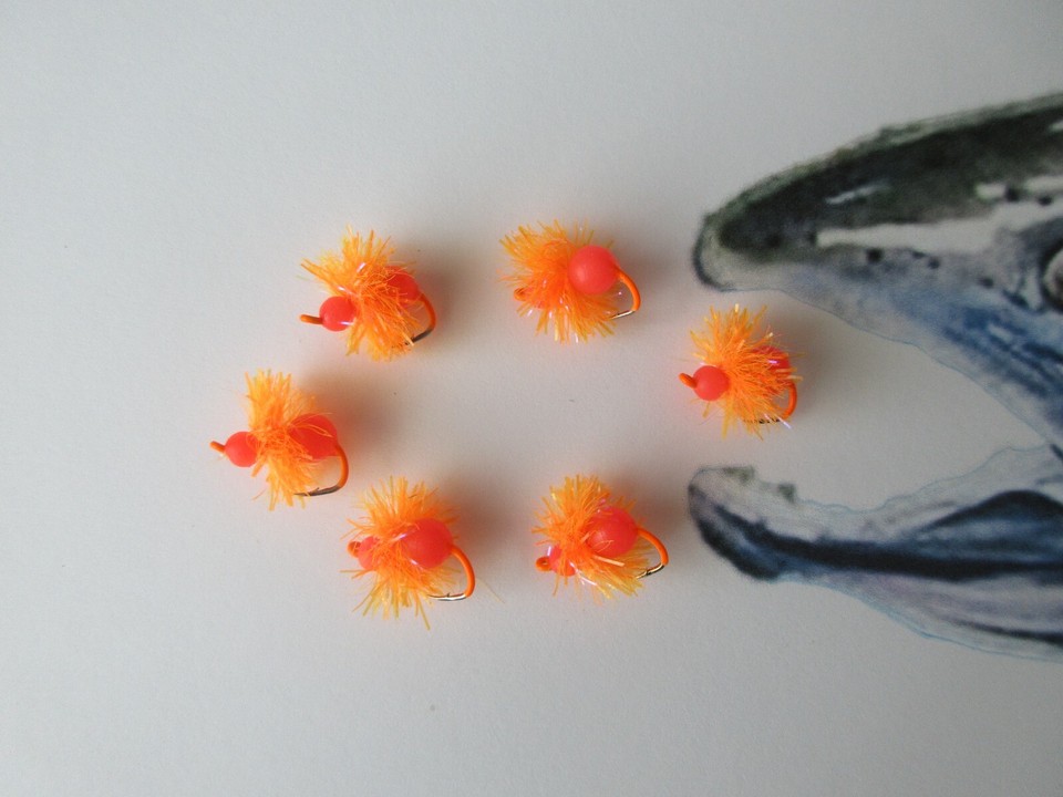 Steelhead / Trout / Salmon Egg Fly - #8 Hook - 6 pcs (Fl. Orange) with ...