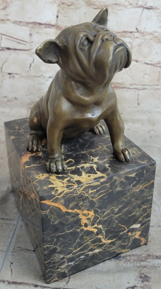 Bronze Sculpture of a Sitting Bulldog or Pug Dog on a Solid Slab Marble ...