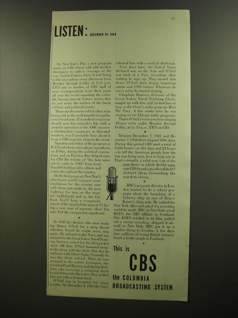 1944 CBS Columbia Broadcasting System Ad - Listen: December 30, 1944 | eBay