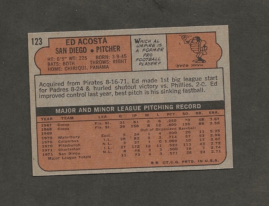 1972 TOPPS BASEBALL CARD # 123 ED ACOSTA San Diego Padres ex | eBay