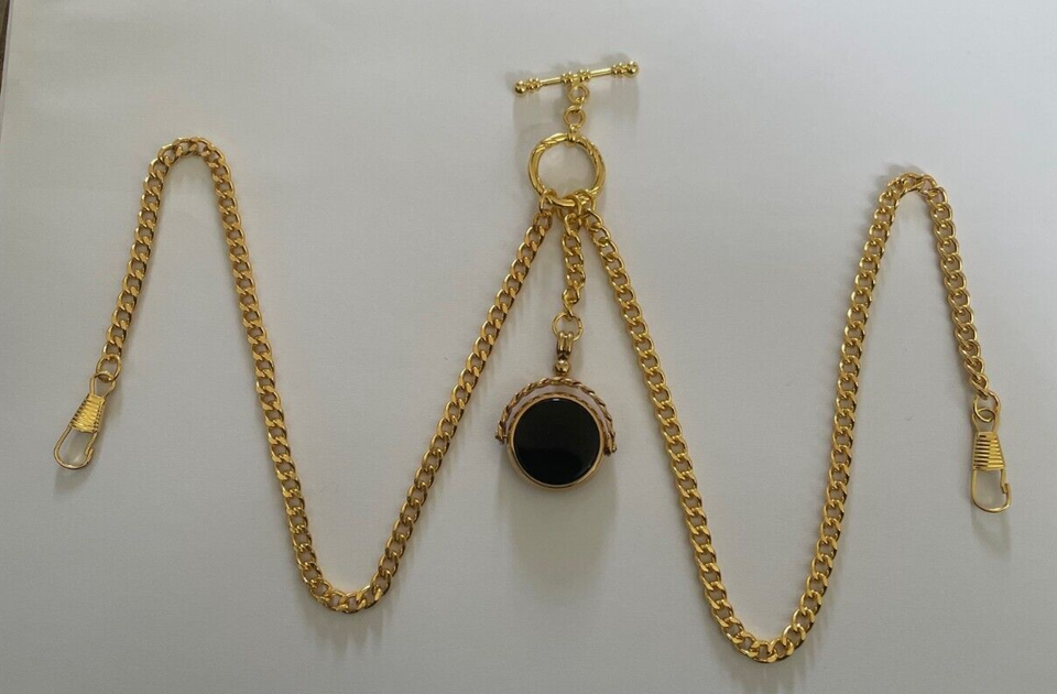 vintage type double albert gold plated pocket watch chain spinning fob ...