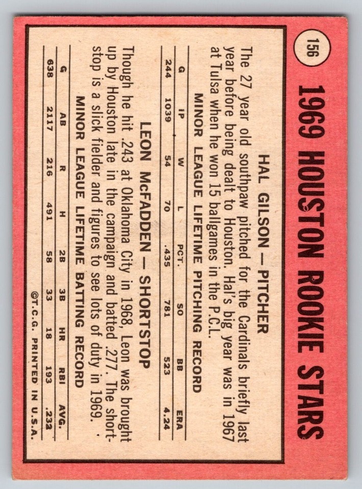 1969 Topps Houston Stars #156 Hal Gilson Leon McFadden | eBay