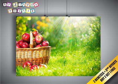 Red Apple Poster with Green Leaf in a Basket Nature Wall Art | eBay UK