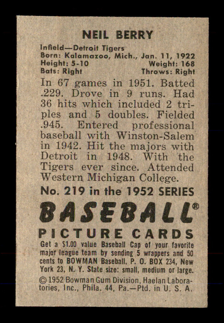 1952 Bowman #219 Neil Berry EX | eBay