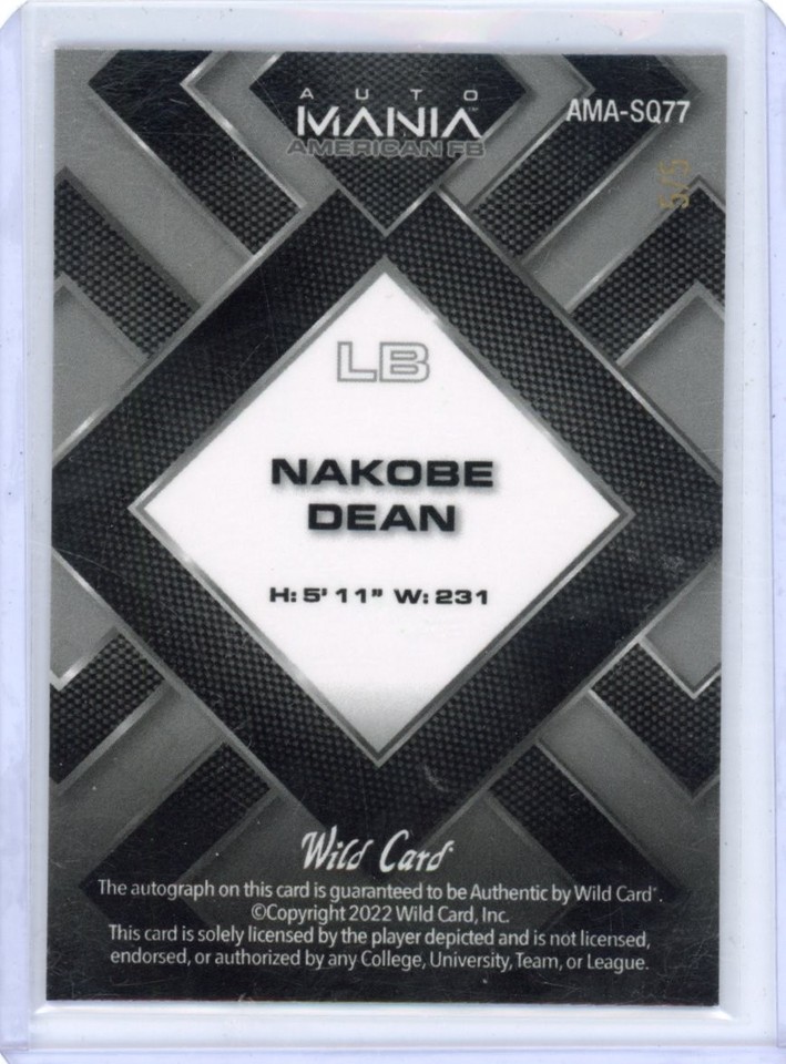 2022 Wild Card Auto Mania Nakobe Dean Autograph Green #/5 Georgia ...