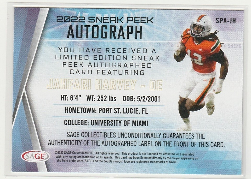JAHFARI HARVEY 2022 SAGE SEAN PEAK AUTOGRAPH AUTO SIGNATURE RC ROOKIE ...