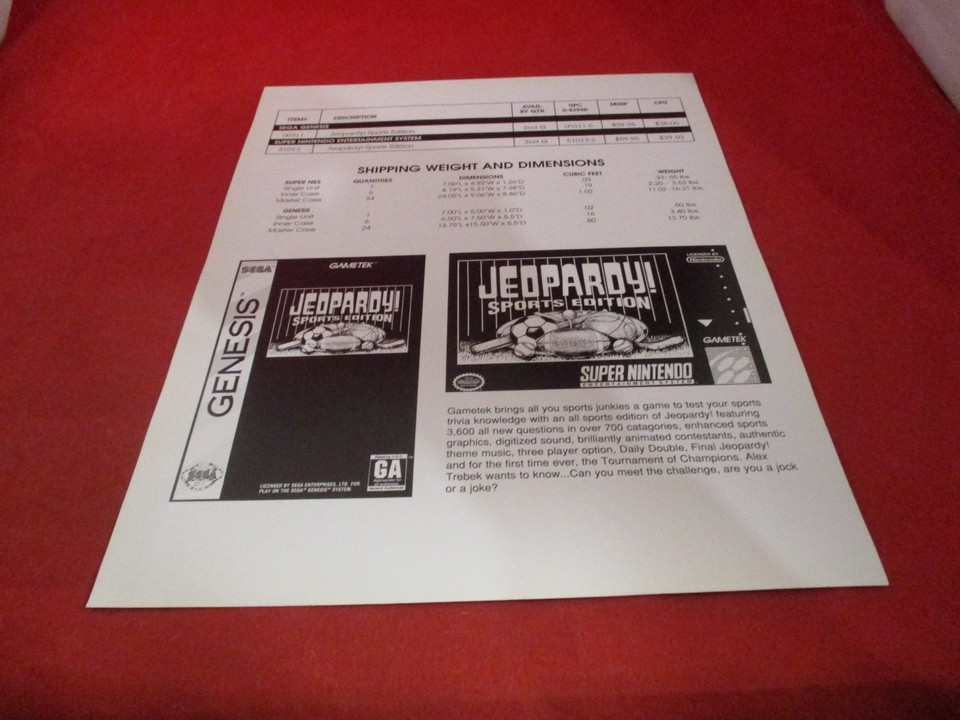 Jeopardy Sports Edition Sega SNES Orig Gametek Distributor Promo Info ...