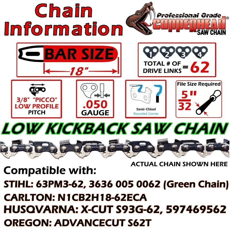COPPERHEAD 18" BAR & SAW CHAIN KIT ECHO 18A0CD3762C, 91PX62CQ -3/8 LP ...