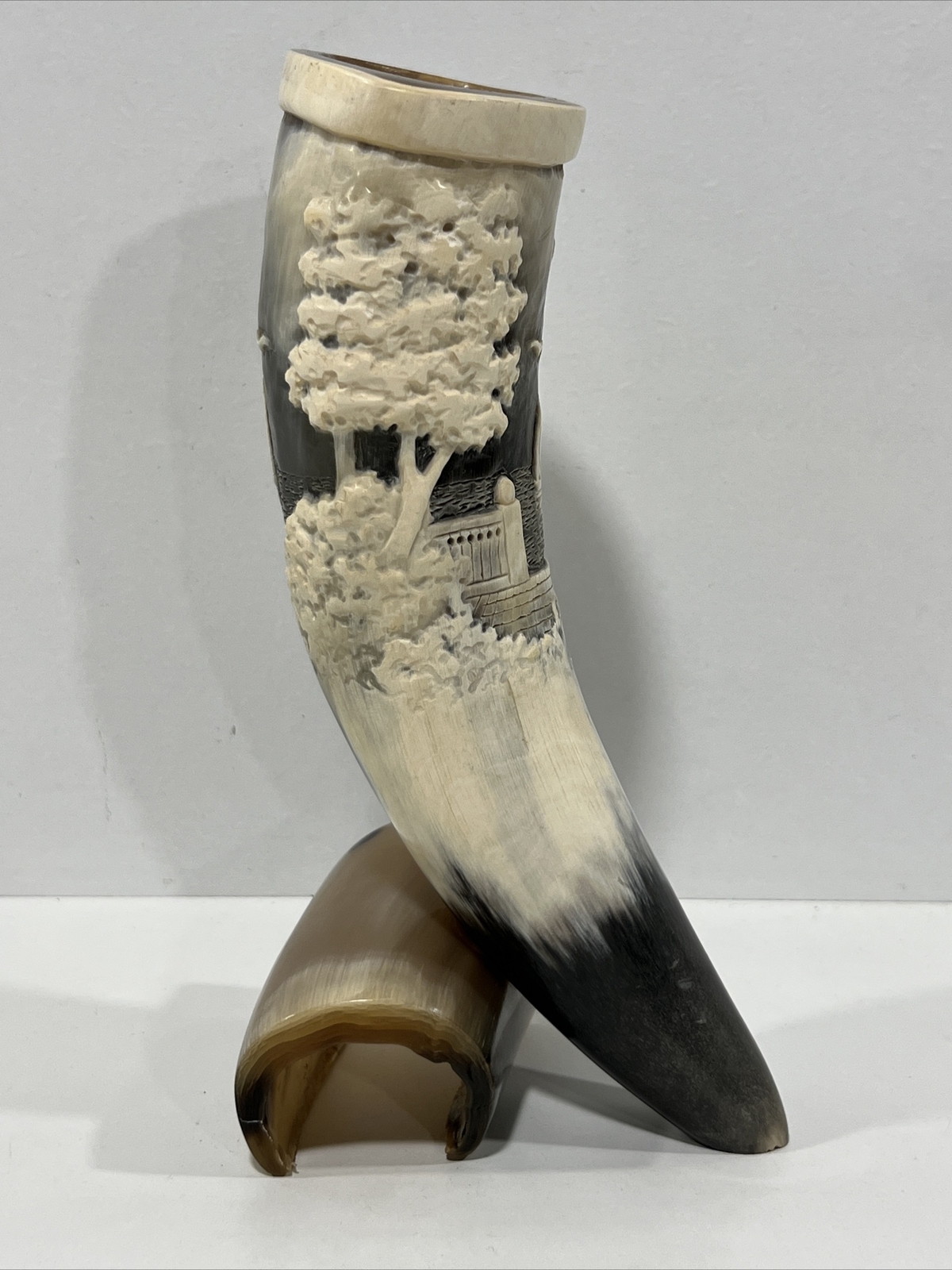 POWDER HORN DISPLAY CARVED POWDER HORN SCRIMSHAW FOLK ART SAILING ...