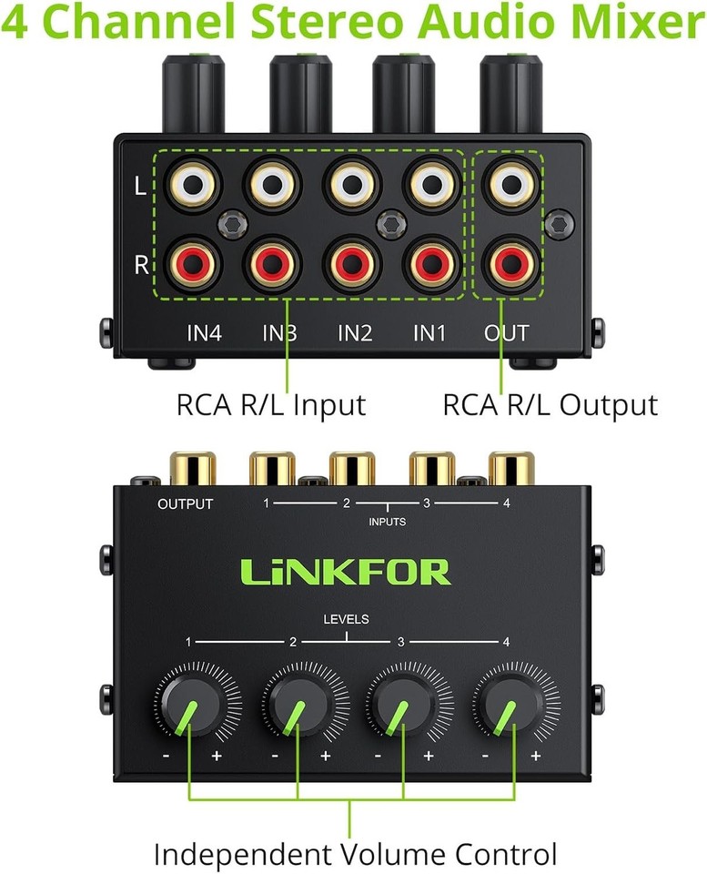 Linkfor 4 Channel Stereo Audio Mixer CX400 Metal Shell Support RCA ...