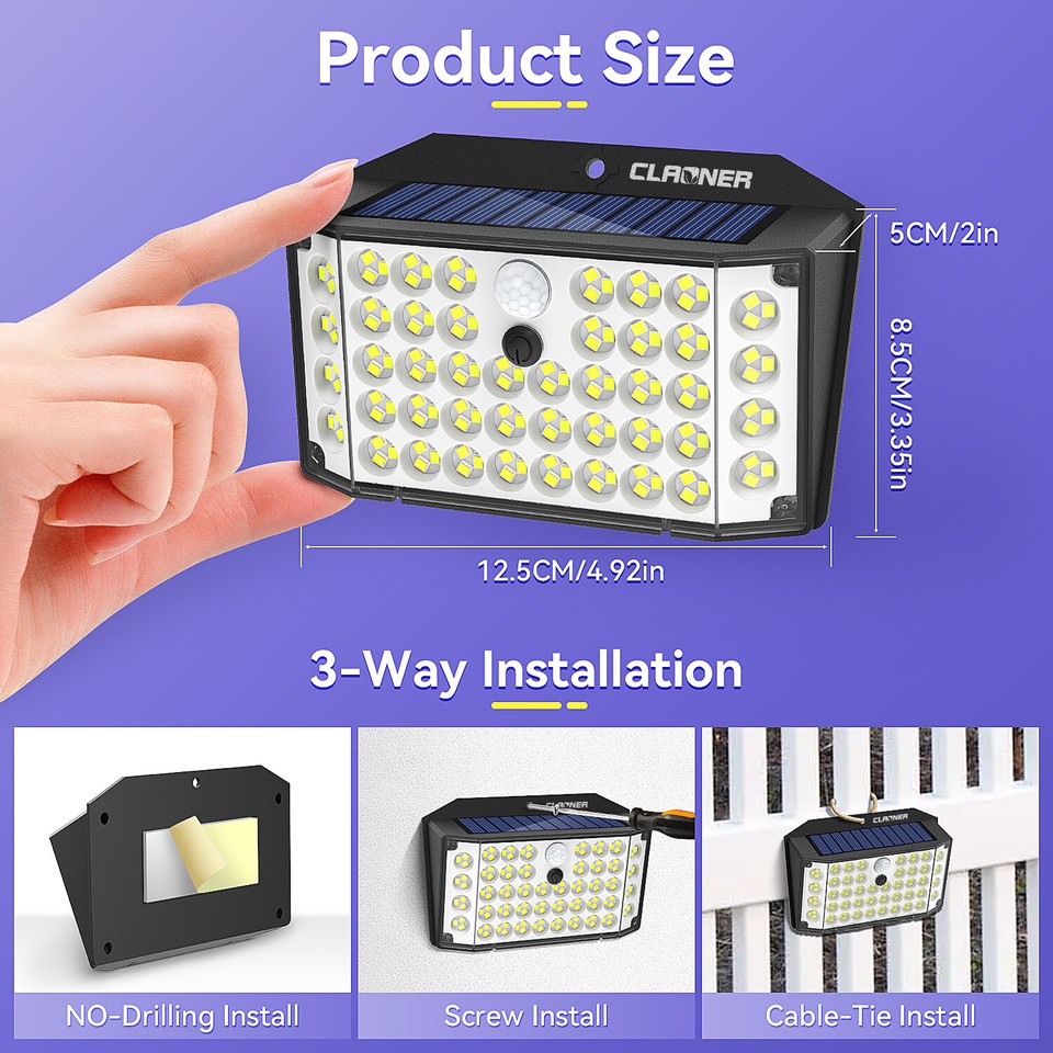 4Pack Solar Powered 132 LED Wall Lights PIR Motion Sensor Outdoor ...