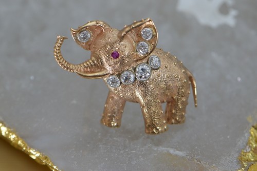 Fantastic Vintage 14K Rose Gold Diamond and Ruby Pink Elephant Pin ...