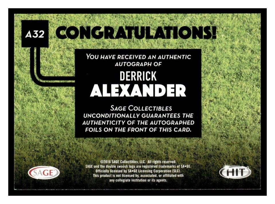 Derrick Alexander 2016 SAGE HIT A32 AU Autographs Auto | eBay