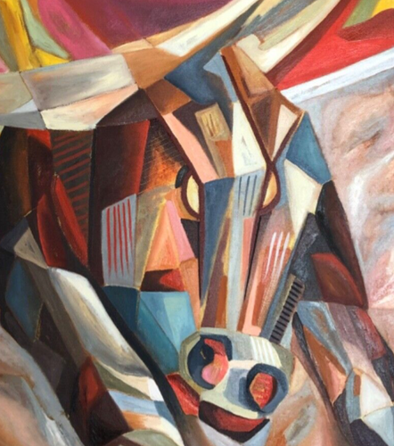 Red Bull Original Oil Painting Fighting Bull Art Cubist Style Framed ...