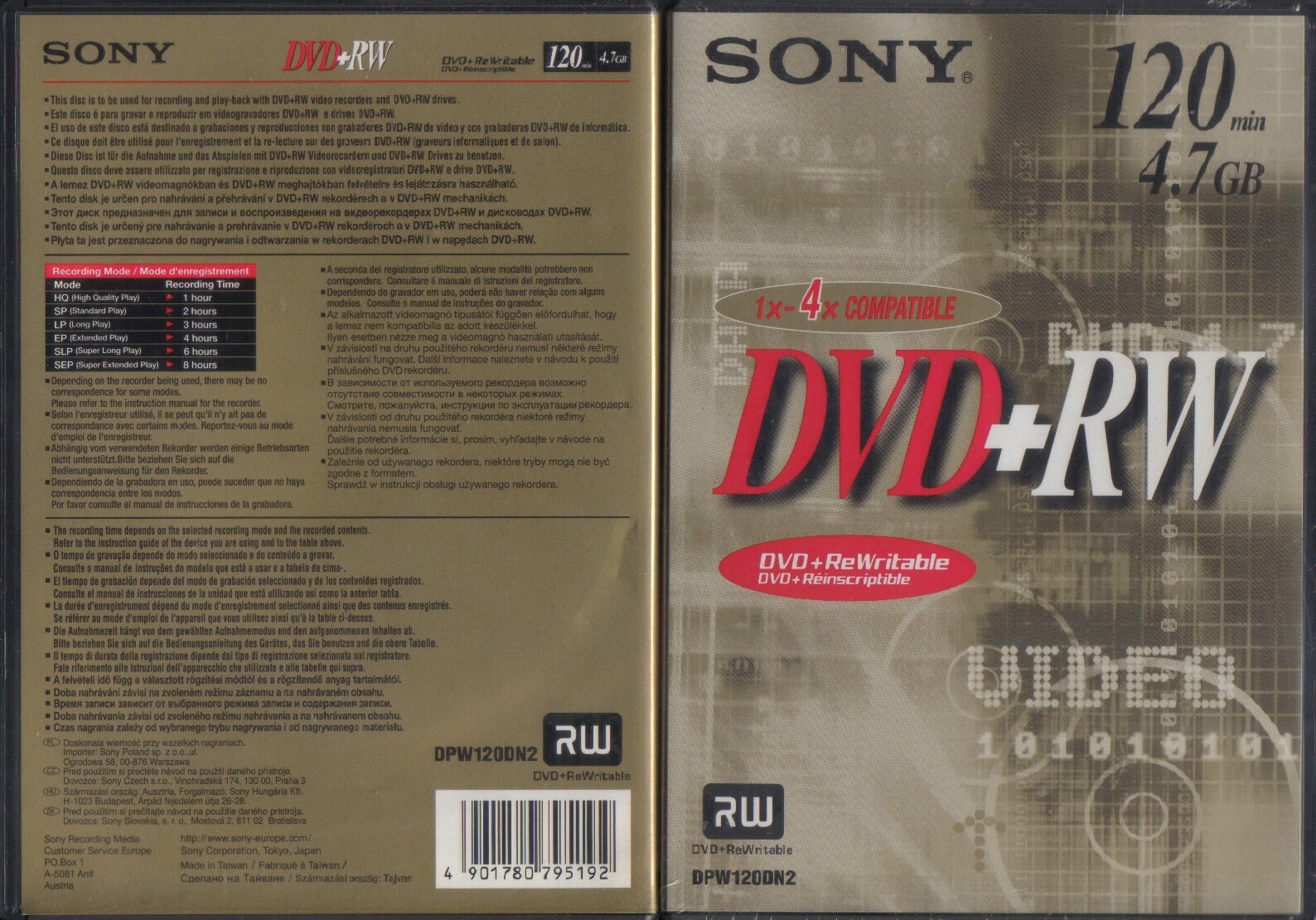 Sony DVD+RW 4.7GB Disc 120mn Rewritable 1x to 4x compatible - DVD case ...