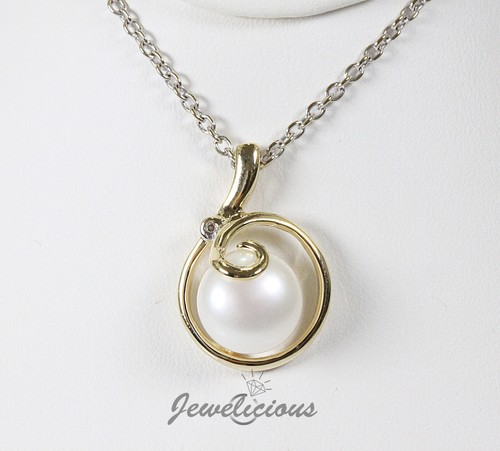14K Yellow Gold Natural 9mm Round White Pearl and Diamond Pendant ...