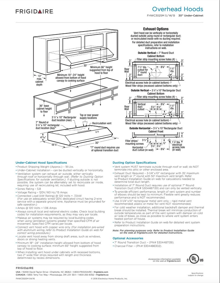 Frigidaire FHWC3025MS under Cabinet Range Hood 30" Stainless Steel ...