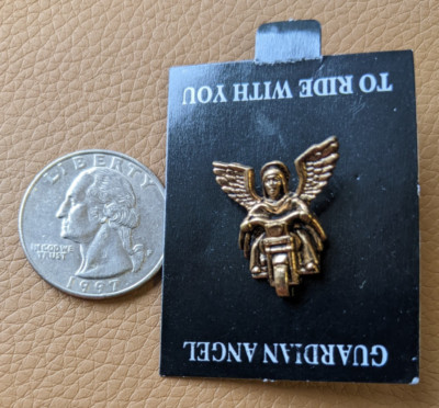 VTG BRASS METAL 1" MOTORCYCLE ANGEL PIN VEST TIE LAPEL RIDE WITH MC ...